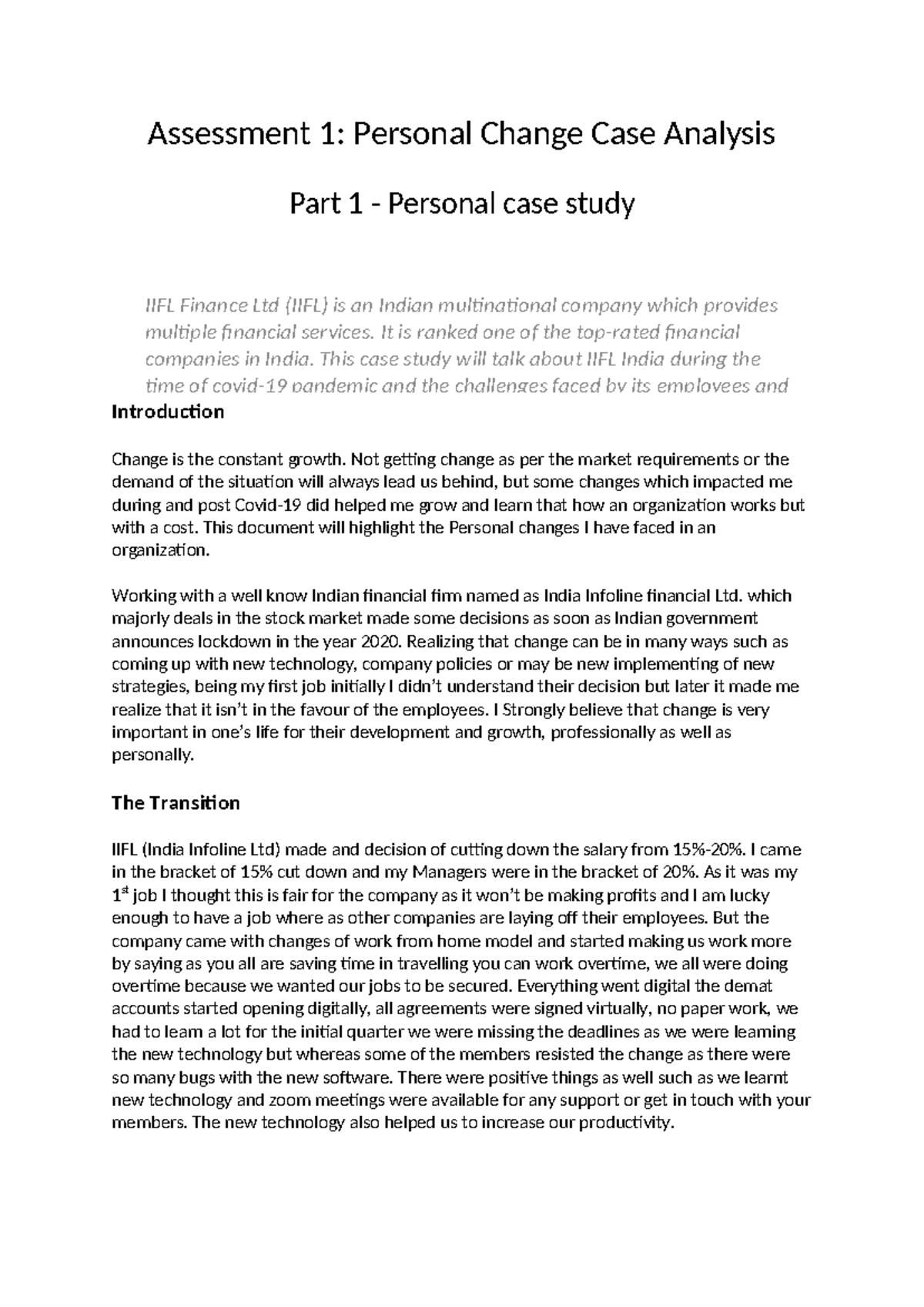 Assessment 1- Manging Organisational Transformation - Assessment 1 ...