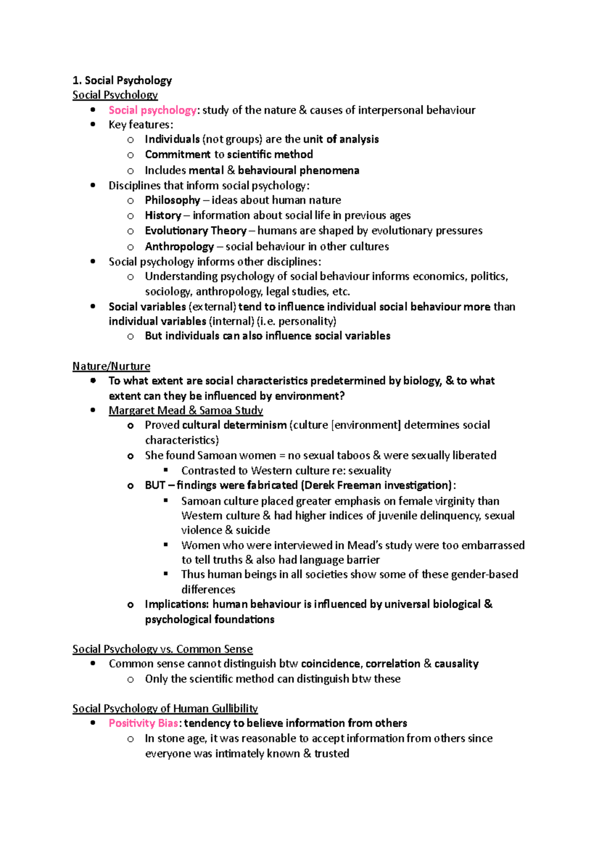 Social Psychology Lecture Notes - 1. Social Psychology Social ...