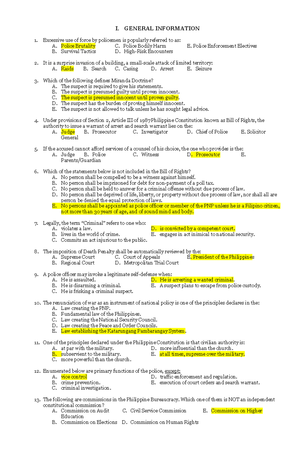 Napolcom Reviewer 2 - I. GENERAL INFORMATION Excessive use of force by ...