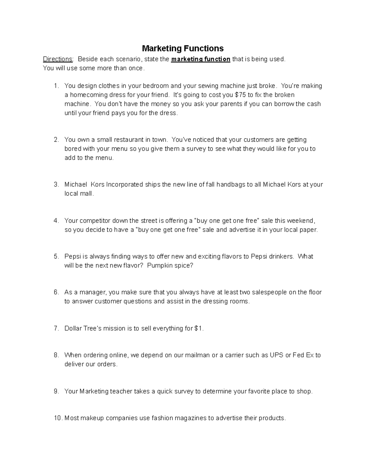 Marketing Functions - Marketing Functions Directions: Beside each ...