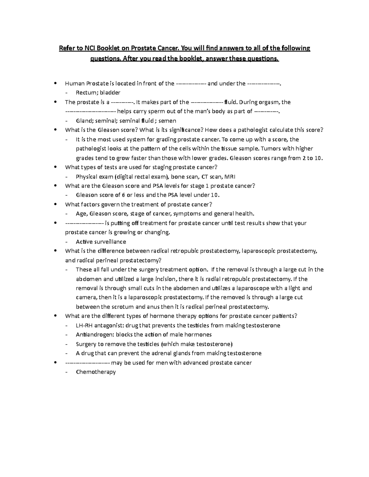 Prostate cancer questions - Refer to NCI Booklet on Prostate Cancer ...