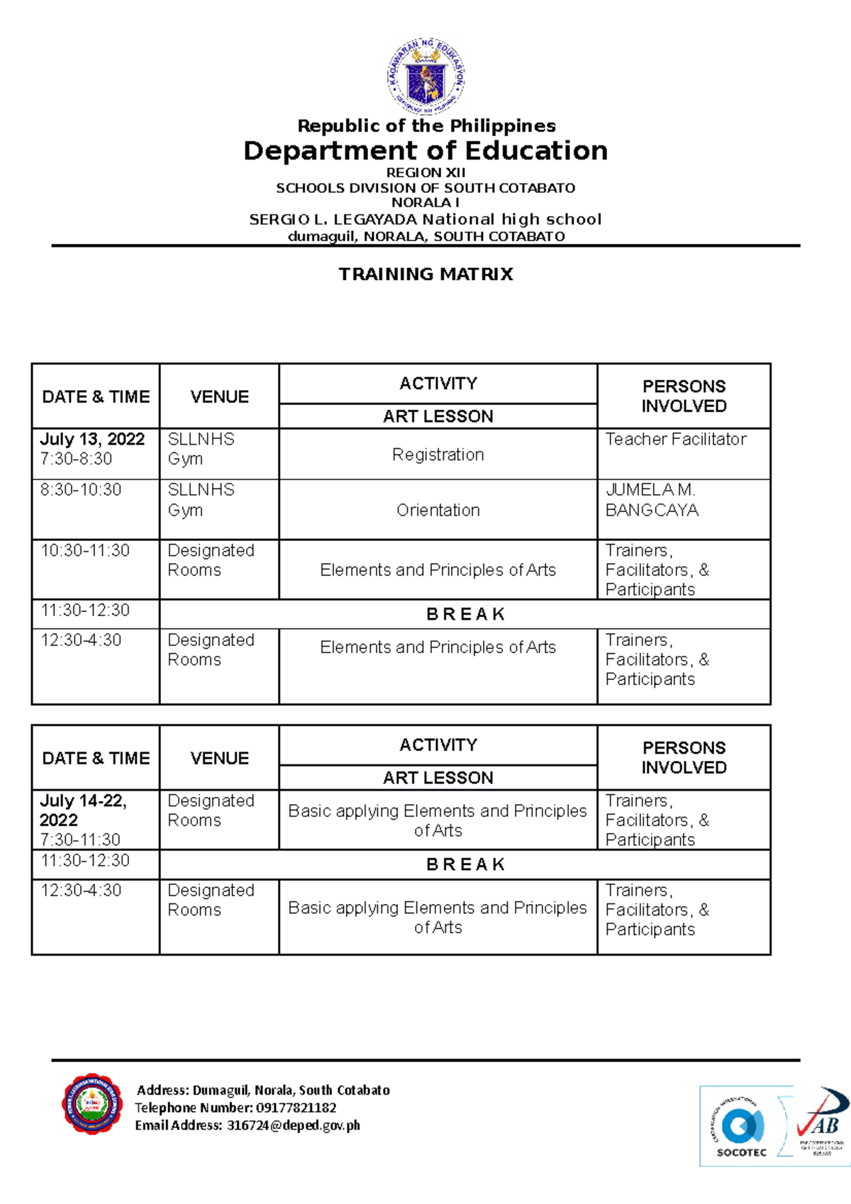 ARTS Training Matrix - Republic of the Philippines Department of ...