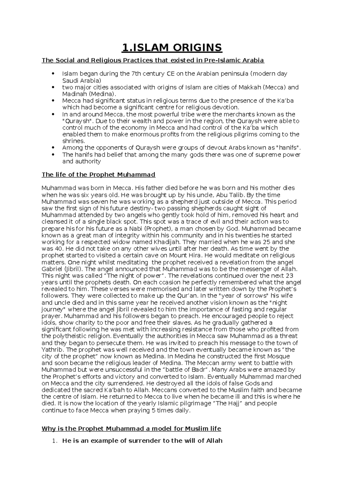 YEAR 11 Islam Booklet - 1 ORIGINS The Social and Religious Practices ...