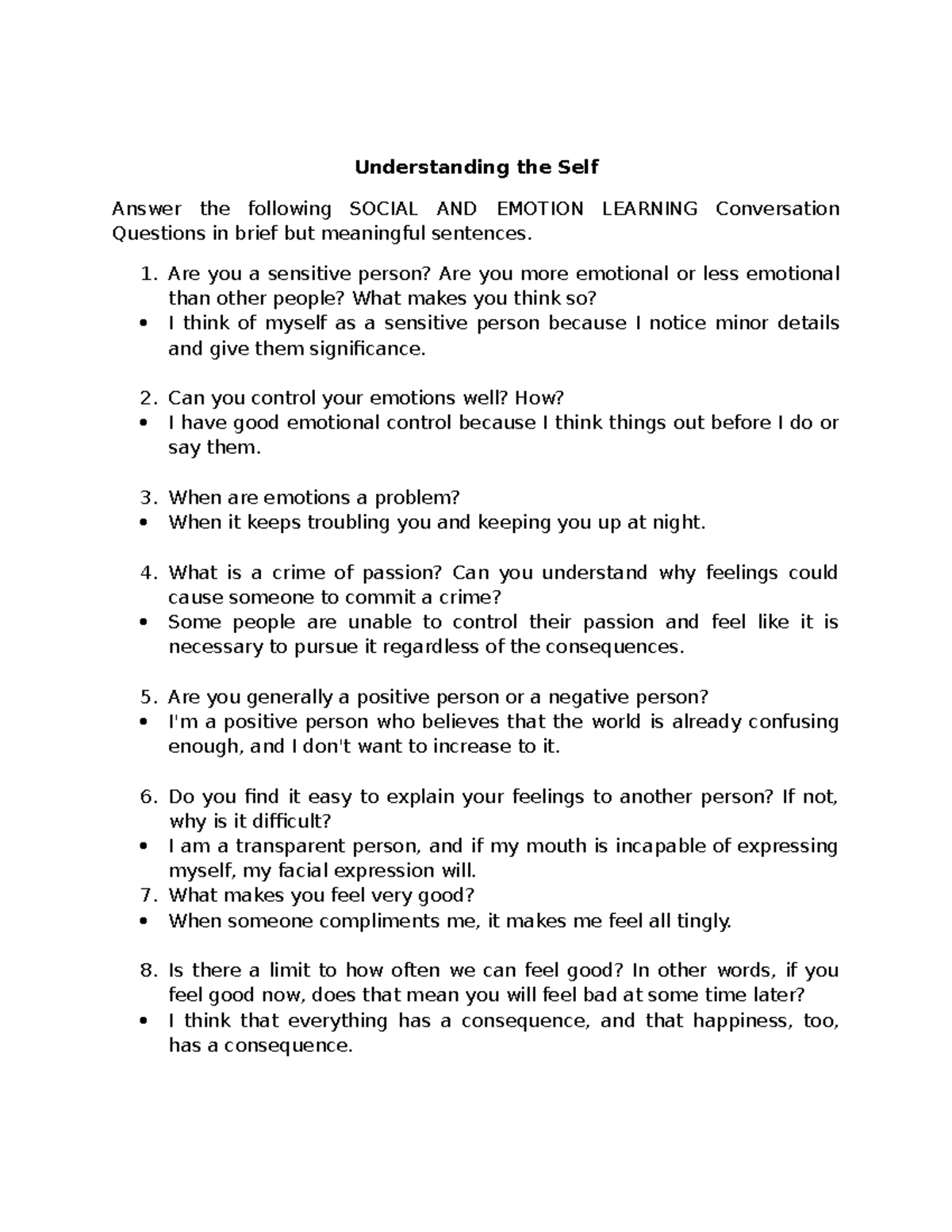 Social AND Emotion Learning - Understanding the Self Answer the ...