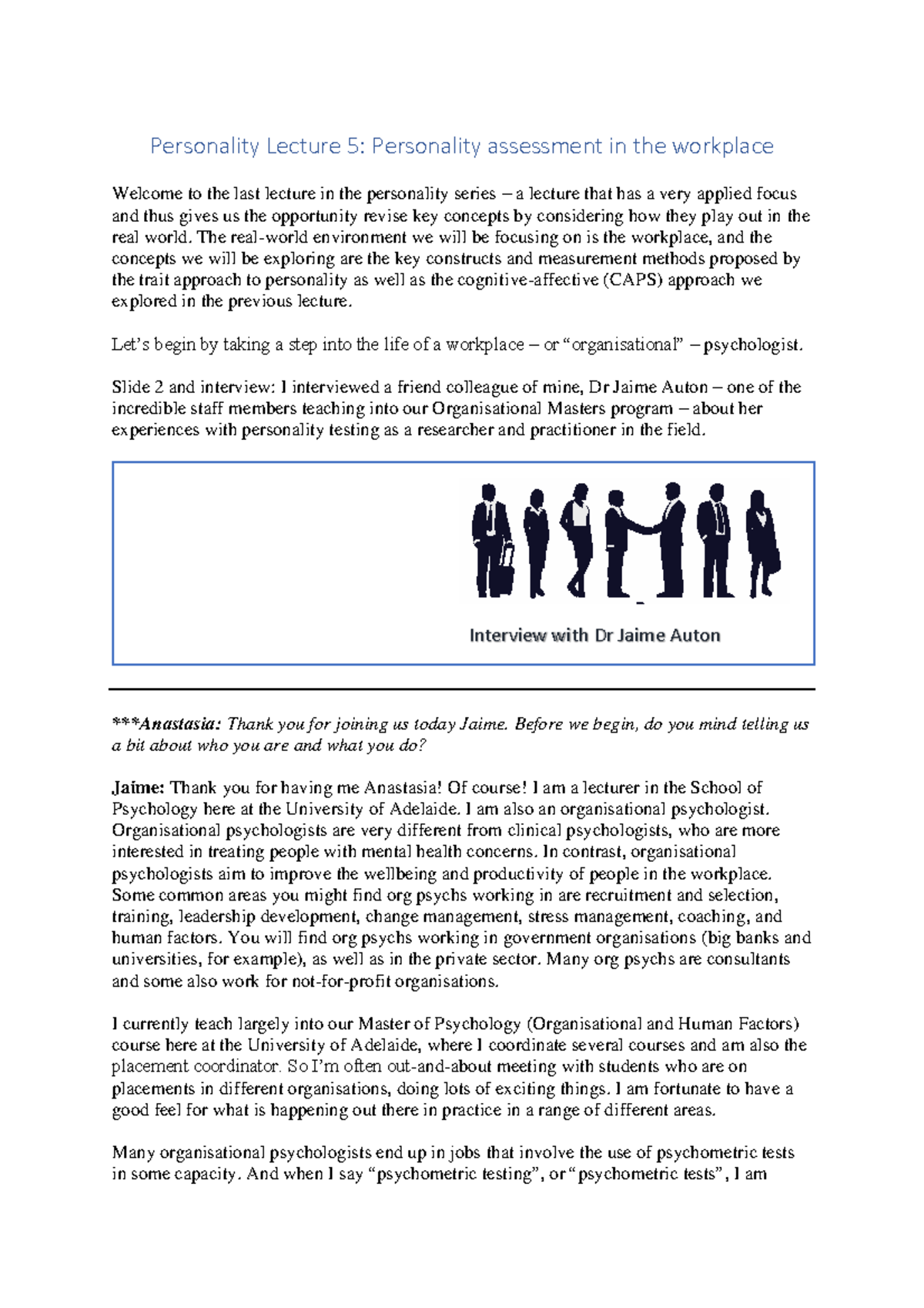 Personality assessment in the workplace script - Psychology 1001 ...