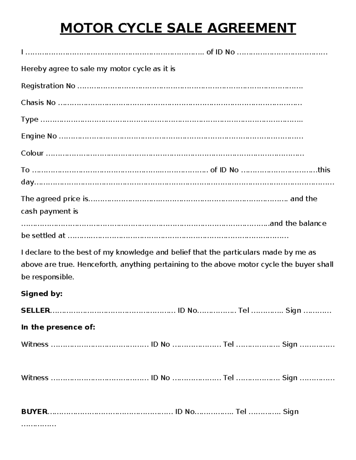 Motor Cycle SALE Agreement - MOTOR CYCLE SALE AGREEMENT I - Studocu