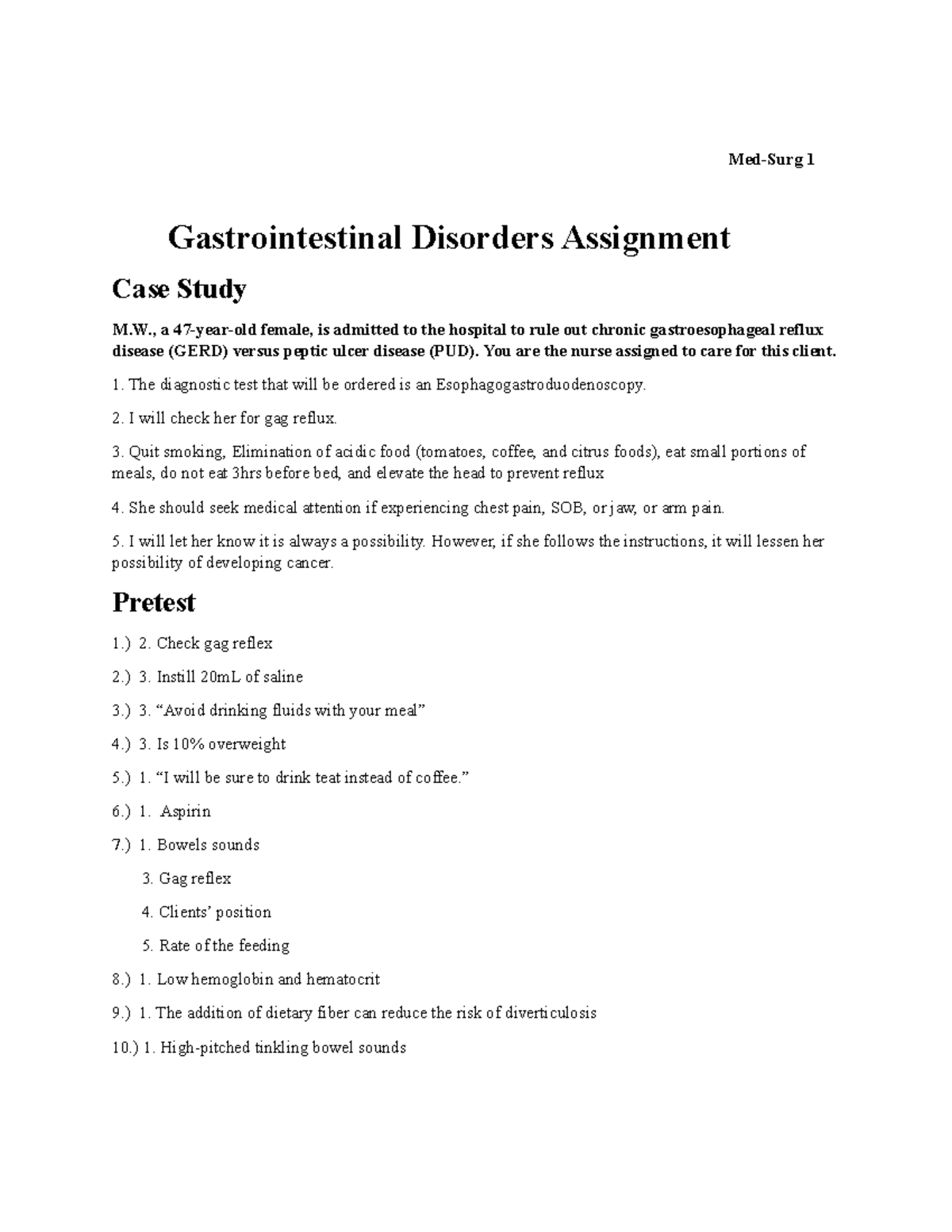 GI disorder Assisgnment - Med-Surg 1 Gastrointestinal Disorders ...