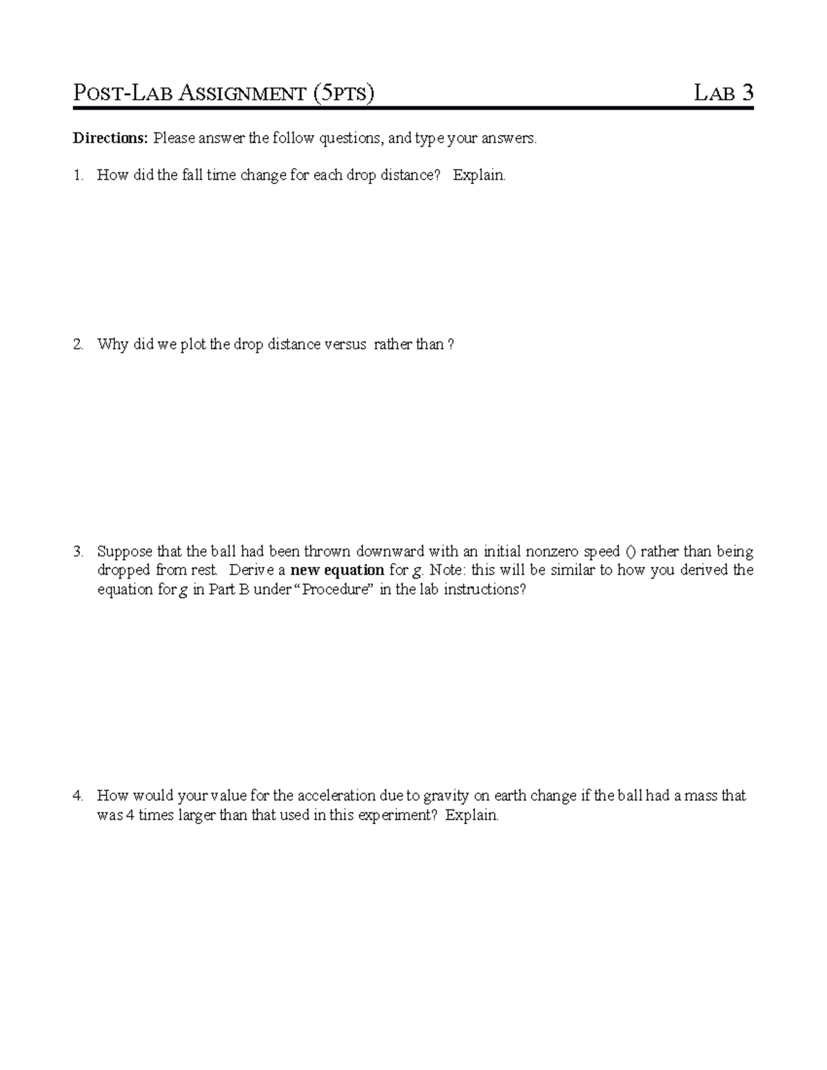PLA - Lab 3 - Free Fall - lab 3 notes - POST-LAB ASSIGNMENT (5PTS) LAB ...