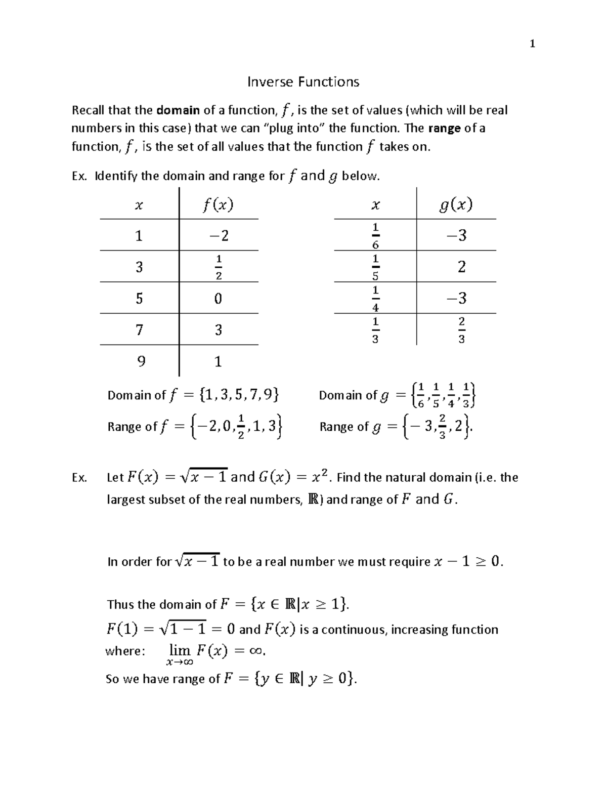 inverse functions - Inverse Functions Recall that the domain of a function, 𝑓, is the set of ...