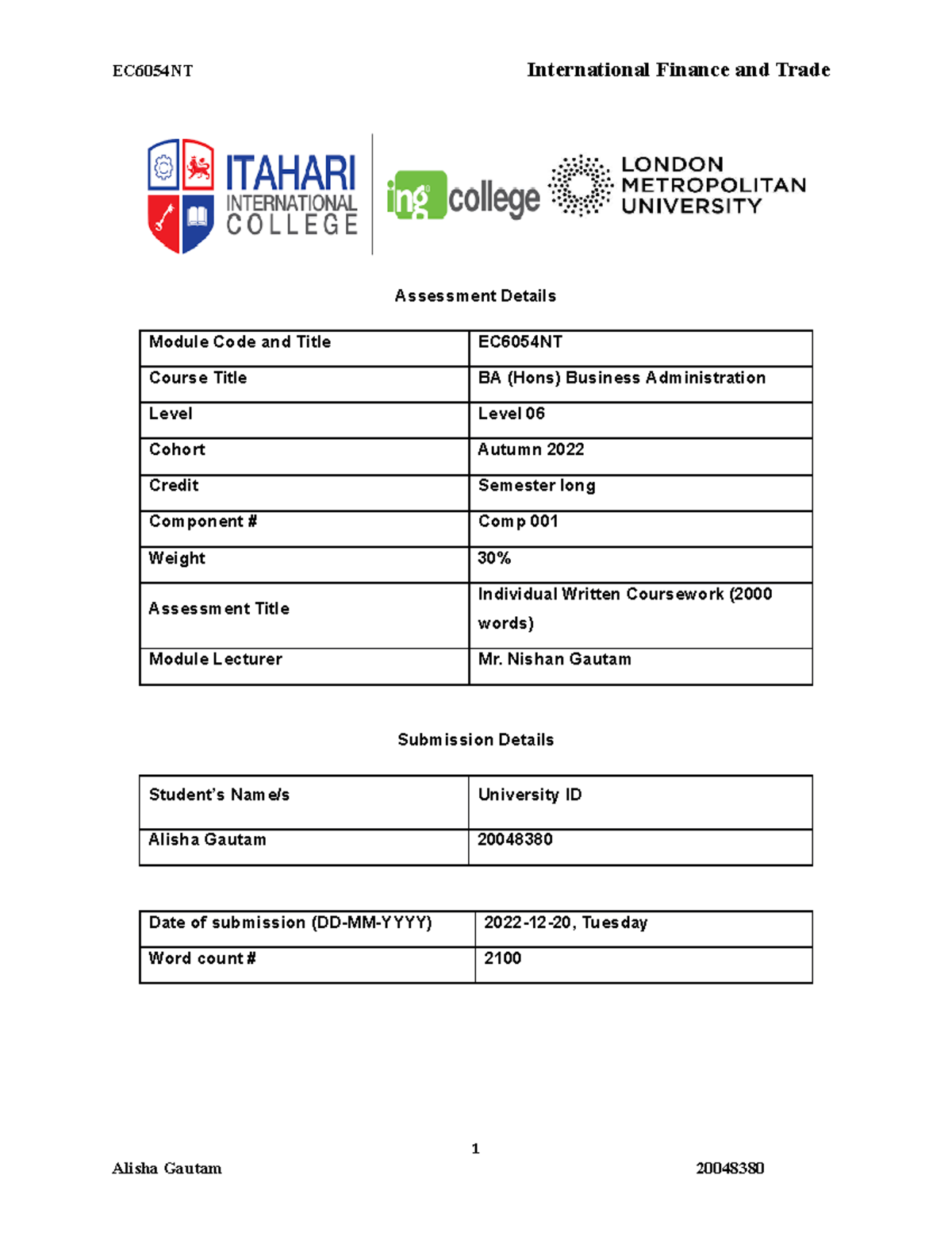 Introductio 1 - Assessment Details Module Code and Title EC6054NT ...