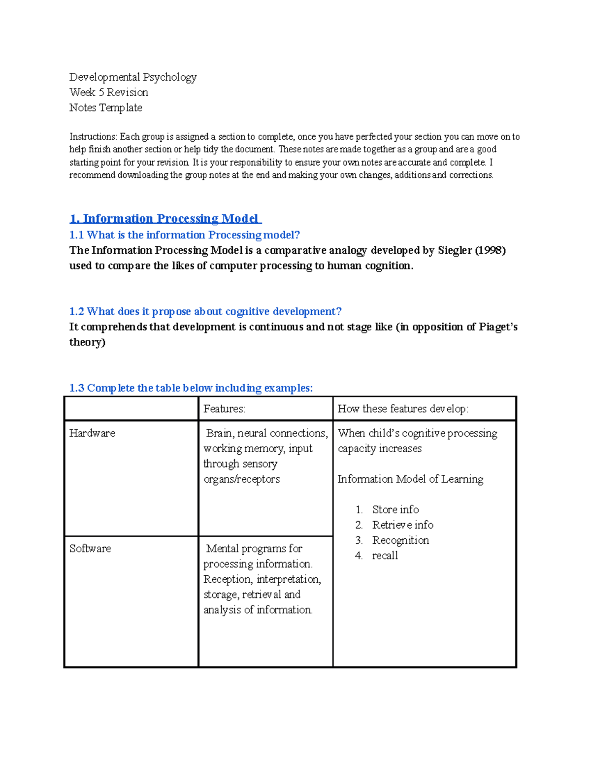 DEV W5R 10 00 - exercise sheet - Developmental Psychology Week 5 ...