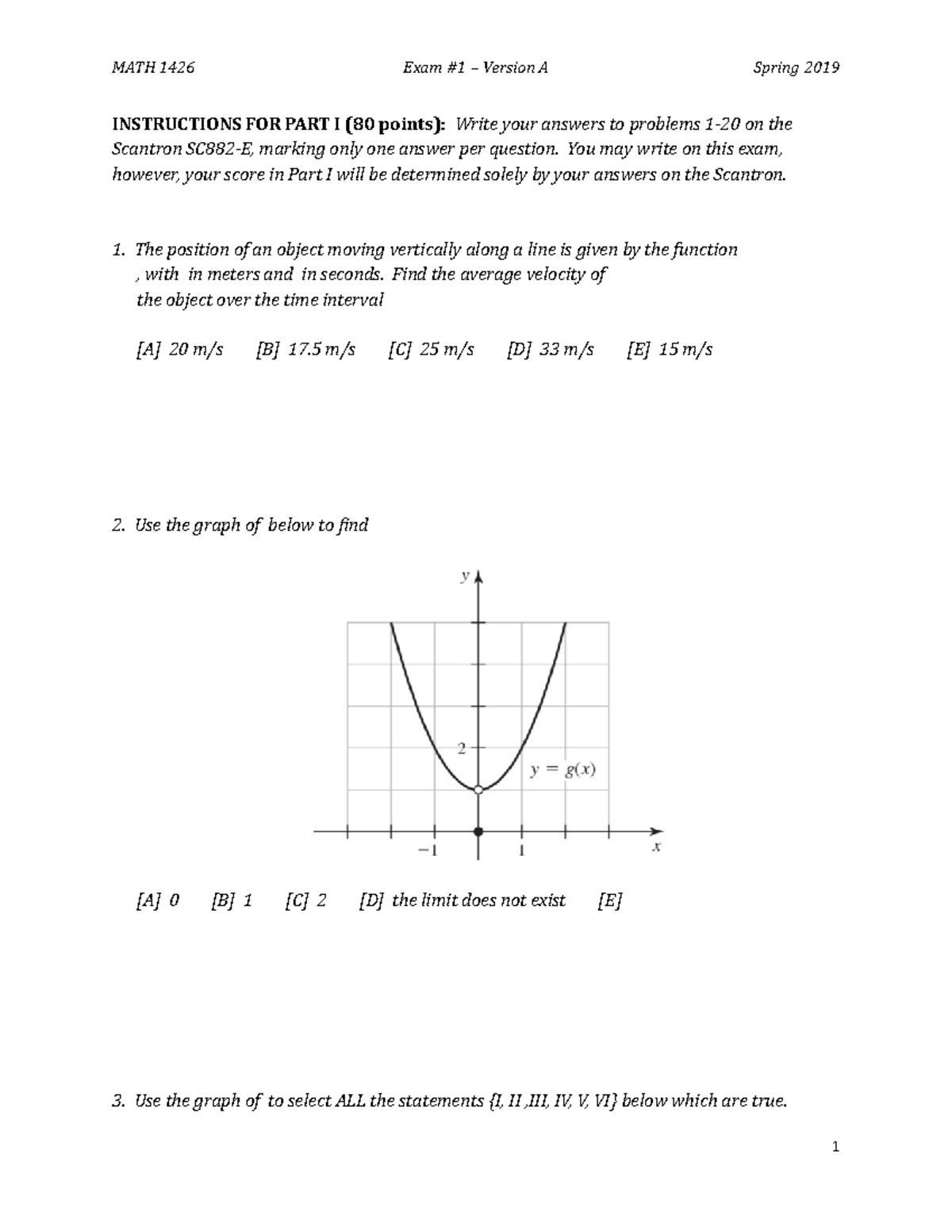 1426 Exam 1 Spring '19 Version A - INSTRUCTIONS FOR PART I (80 points ...