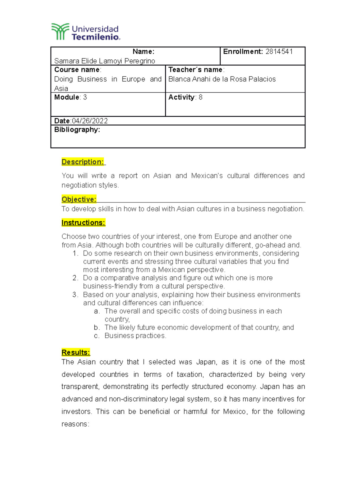 Activity 8 Doing business in Europe and Asia samara - Name: Samara ...