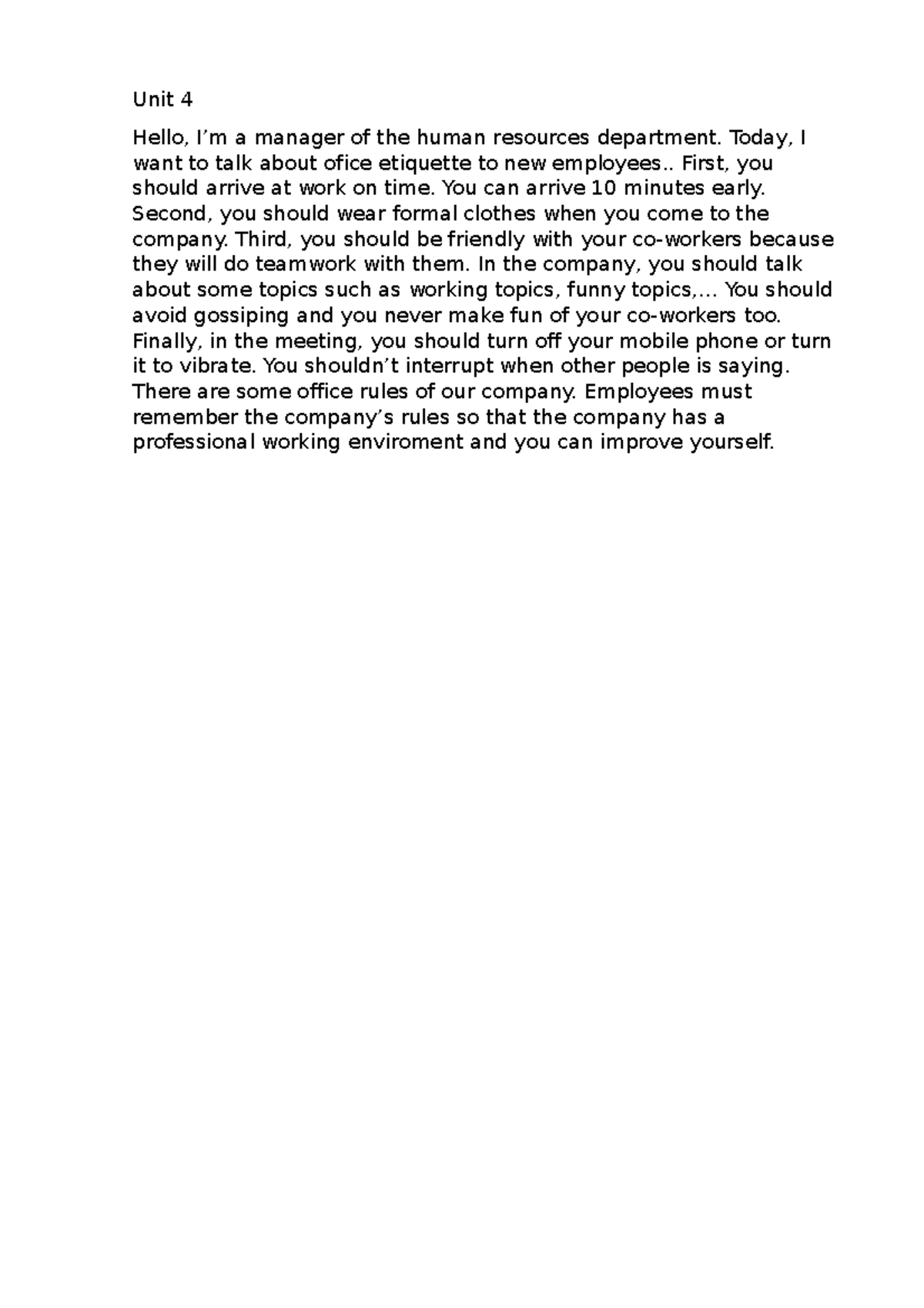 Writting Unit 4 Office etiquette - Unit 4 Hello, I’m a manager of the ...
