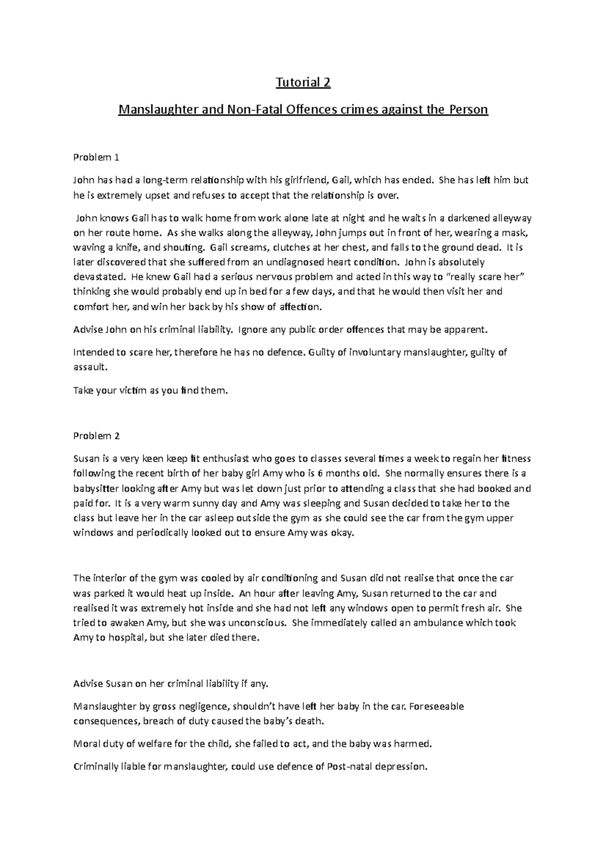 Tutorial 2 - Tutorial 2 Manslaughter and Non-Fatal Offences crimes ...