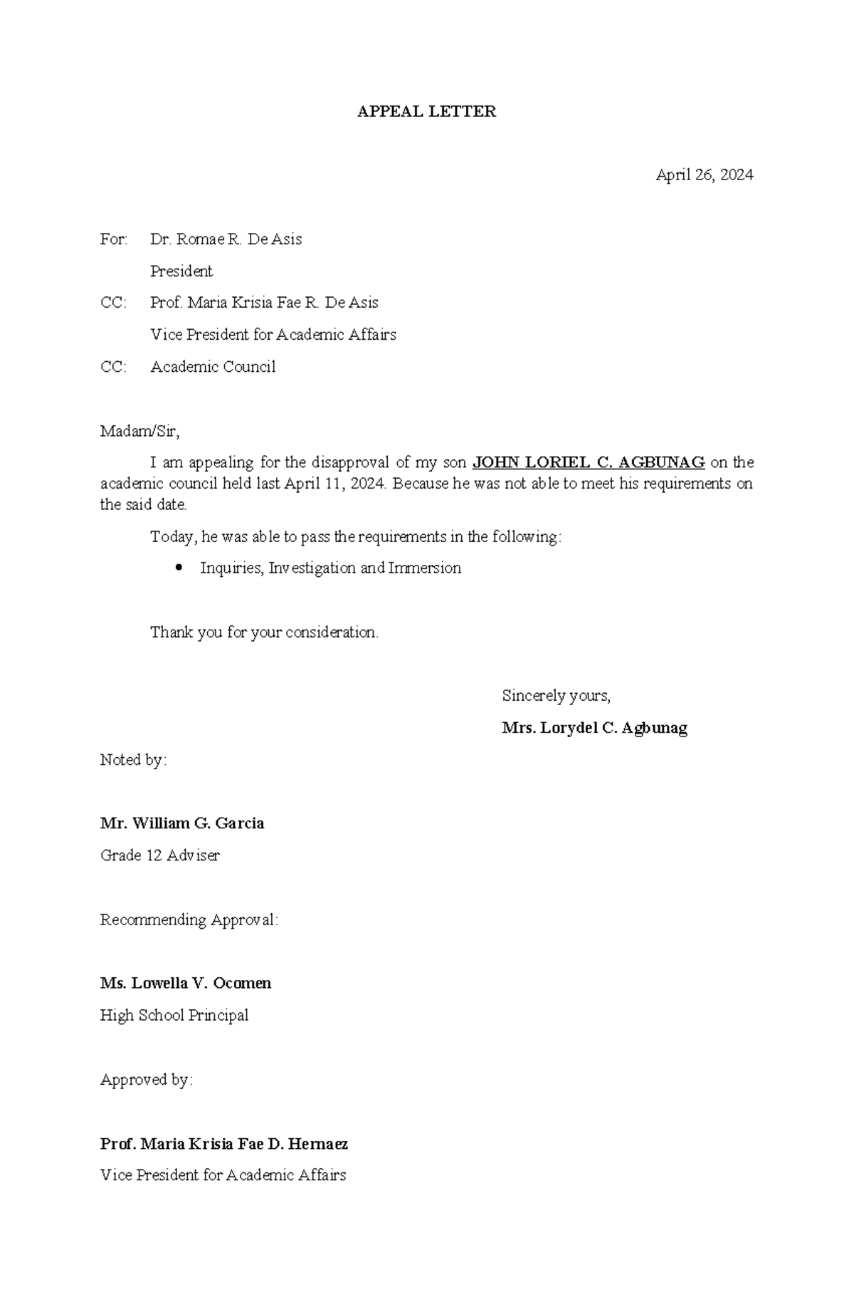 Appeal Letter Grade 12 - April 26, 2024 For: Dr. Romae R. De Asis ...