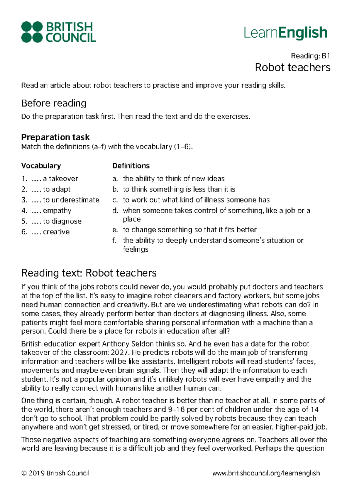 Reading 1 - Esquema del examen final - Reading: B Robot teachers Read ...