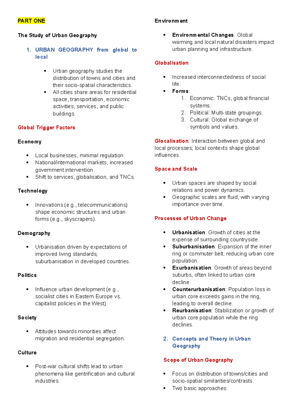 Urban Geography ( First EXAM) - PART ONE The Study of Urban Geography 1 ...