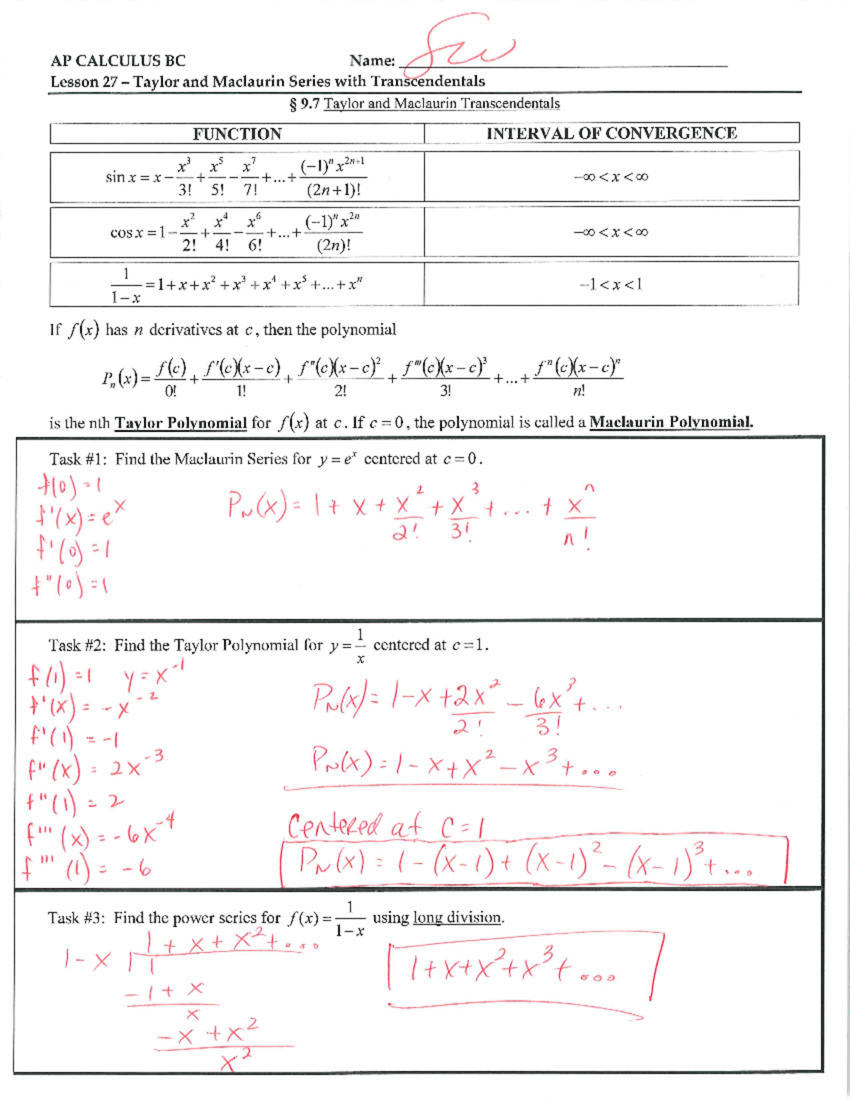 Lesson 26 Taylor and Maclaurin Series for Logs and Exponentials KEY ...