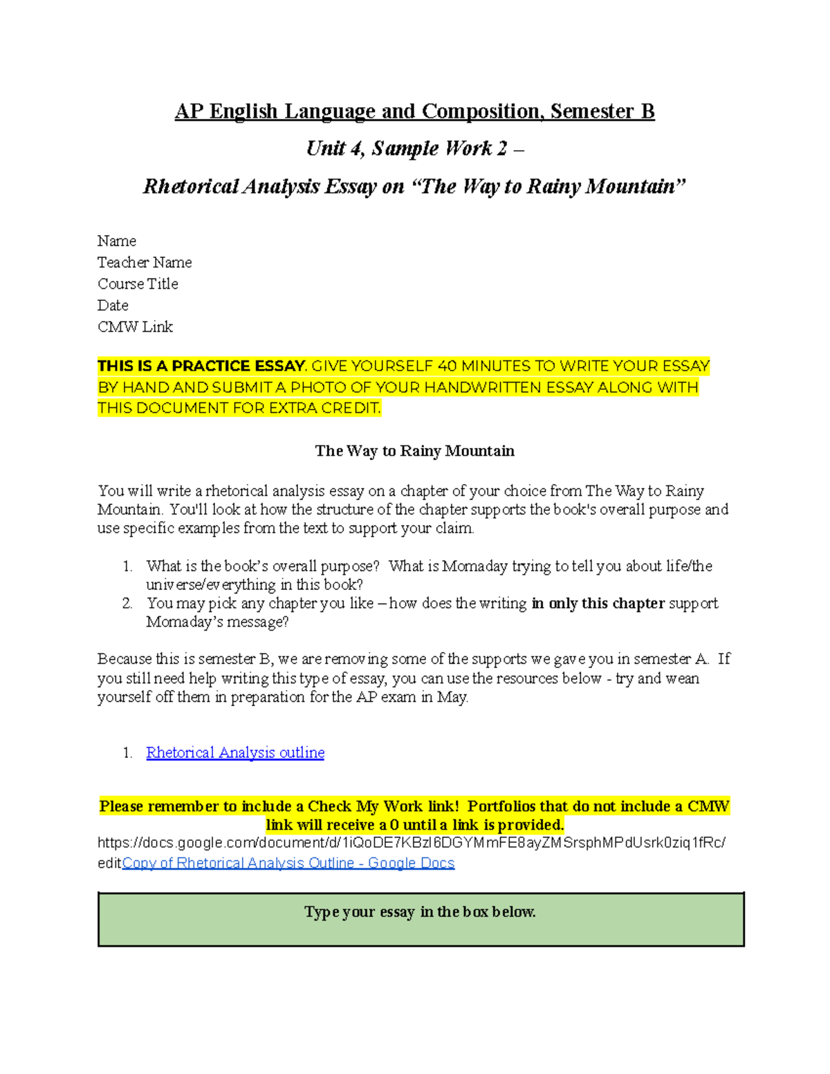 AP Lang B - Unit 4 Sample Work 2 - AP English Language and Composition ...