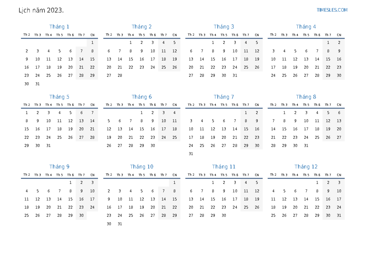 Calendar yearly 2023 - Lịch năm 2023. TIMESLES - Tháng - Th 2 Th 3 Th 4 ...