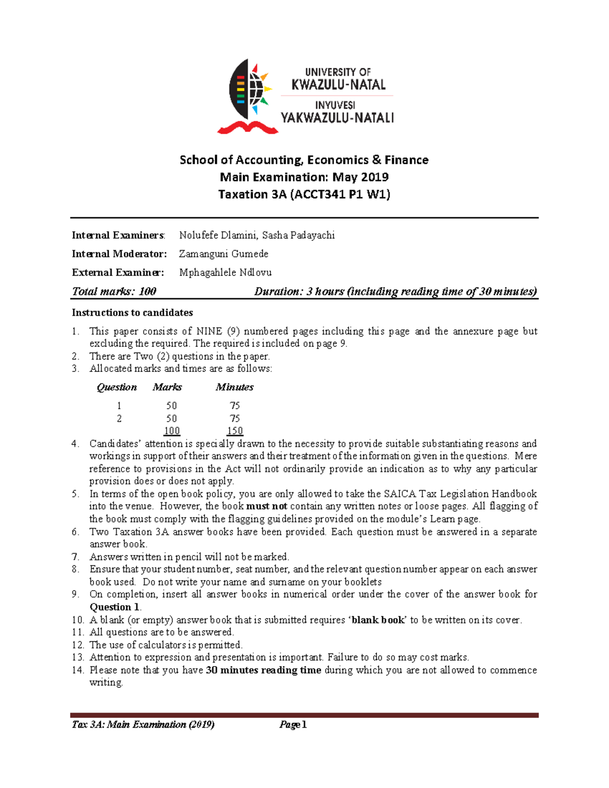 2019 Tax 3A Main Question and Required - School of Accounting ...