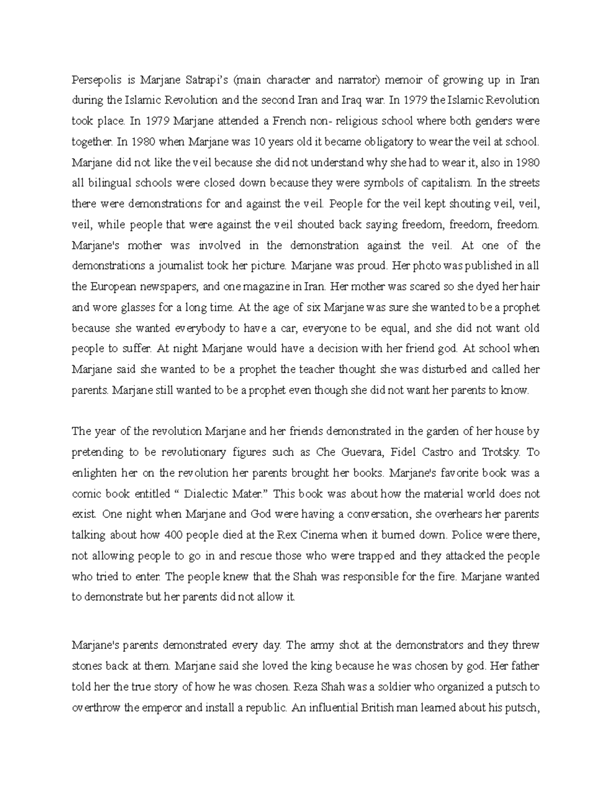 Persepolis reading Notes - Persepolis is Marjane Satrapi’s (main ...