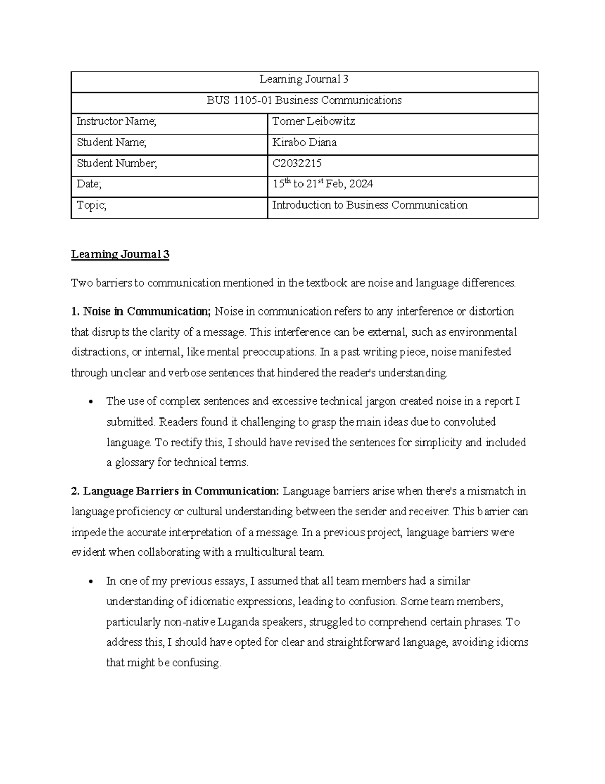 Learning Journal Unit 3 - Learning Journal 3 BUS 1105-01 Business ...