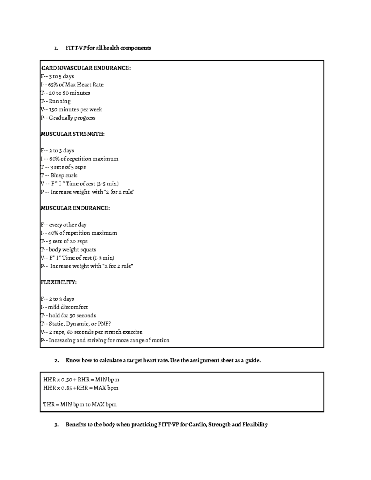 EXAM 2 Study Guide - Liftka - 1. FITT-VP for all health components ...