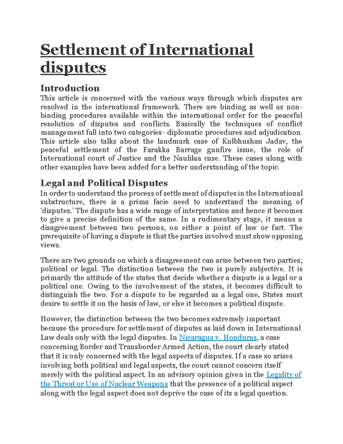 Settlement of international dispute - Settlement of International ...