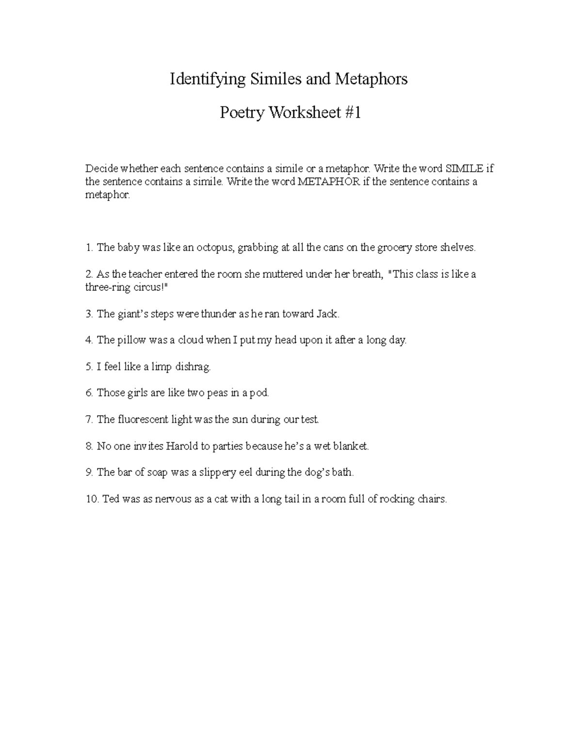 HPC U5 TE305 Simile Metaphor Practice - Identifying Similes and ...