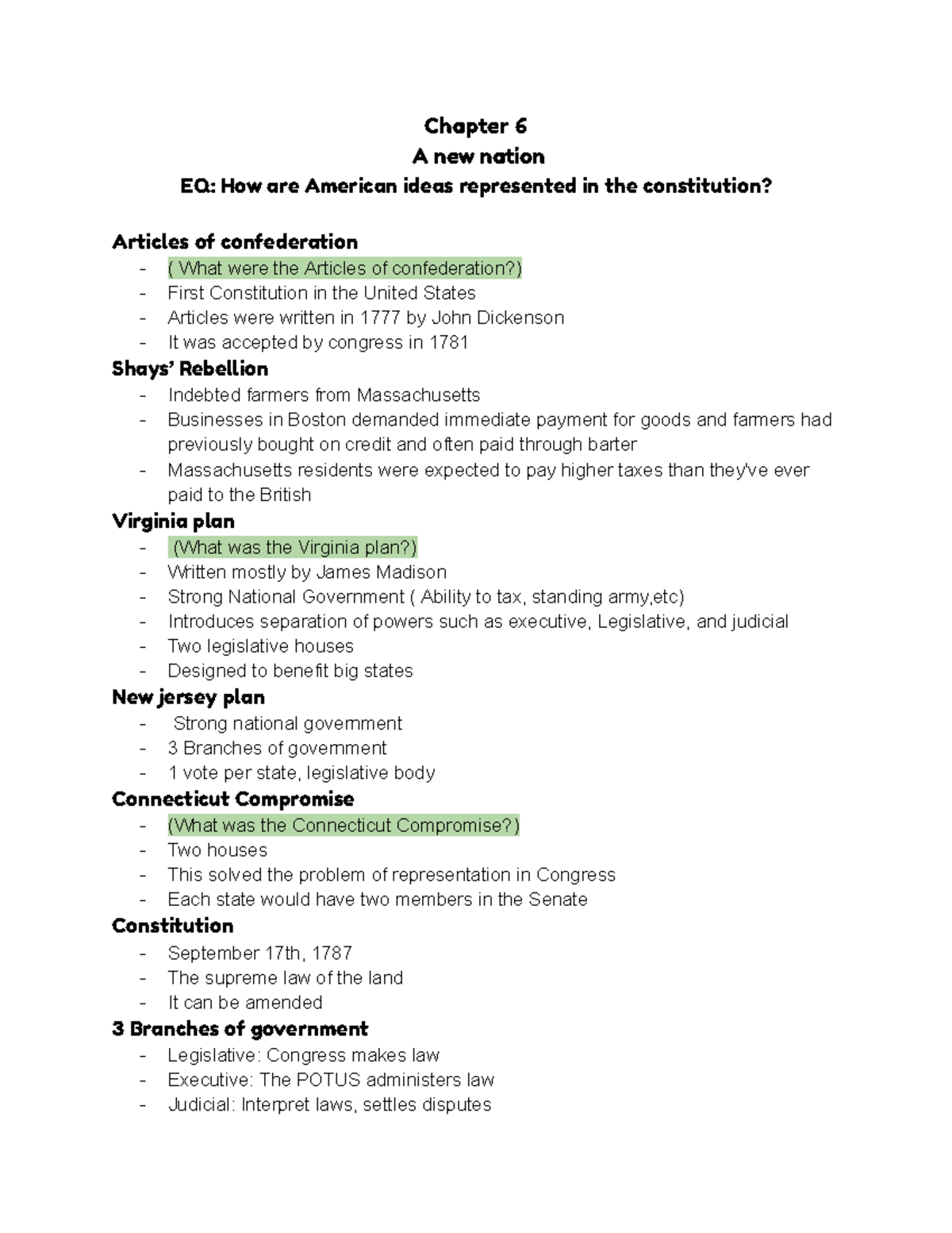 Chapter 6 notes - Chapter 6 A new nation EQ: How are American ideas ...