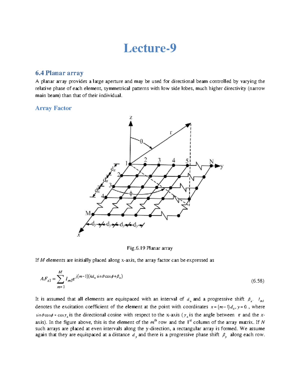 Lecture 9 - Professor GN Pillai - 6 Plan A planar relative ph main beam Array F If M elem AFx 1 ...