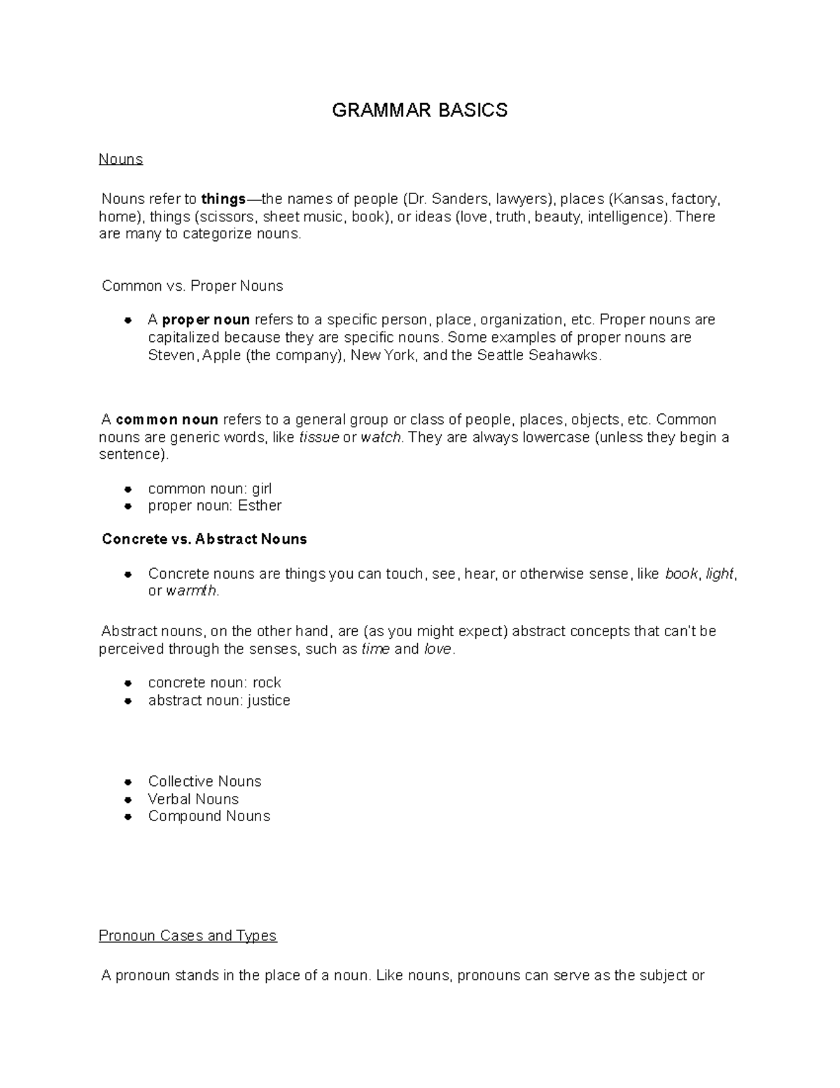 ENG 111 Notes Grammar Basics Part 1 - GRAMMAR BASICS Nouns Nouns refer ...