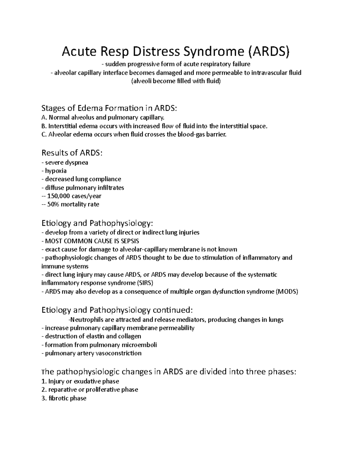 Acute Resp Distress Syndrome Notes - Acute Resp Distress Syndrome (ARDS ...