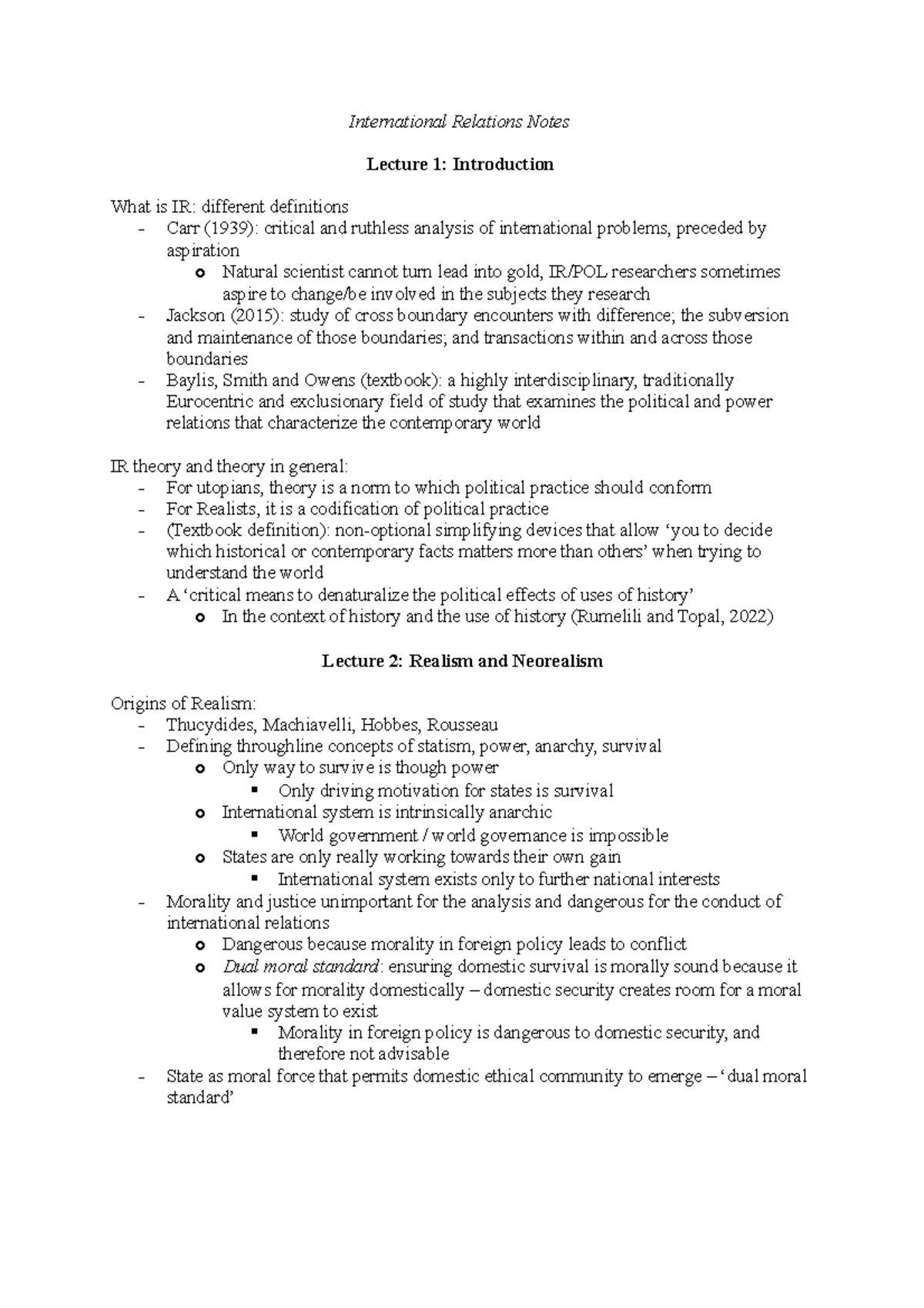 International relations notes - International Relations Notes Lecture 1 ...