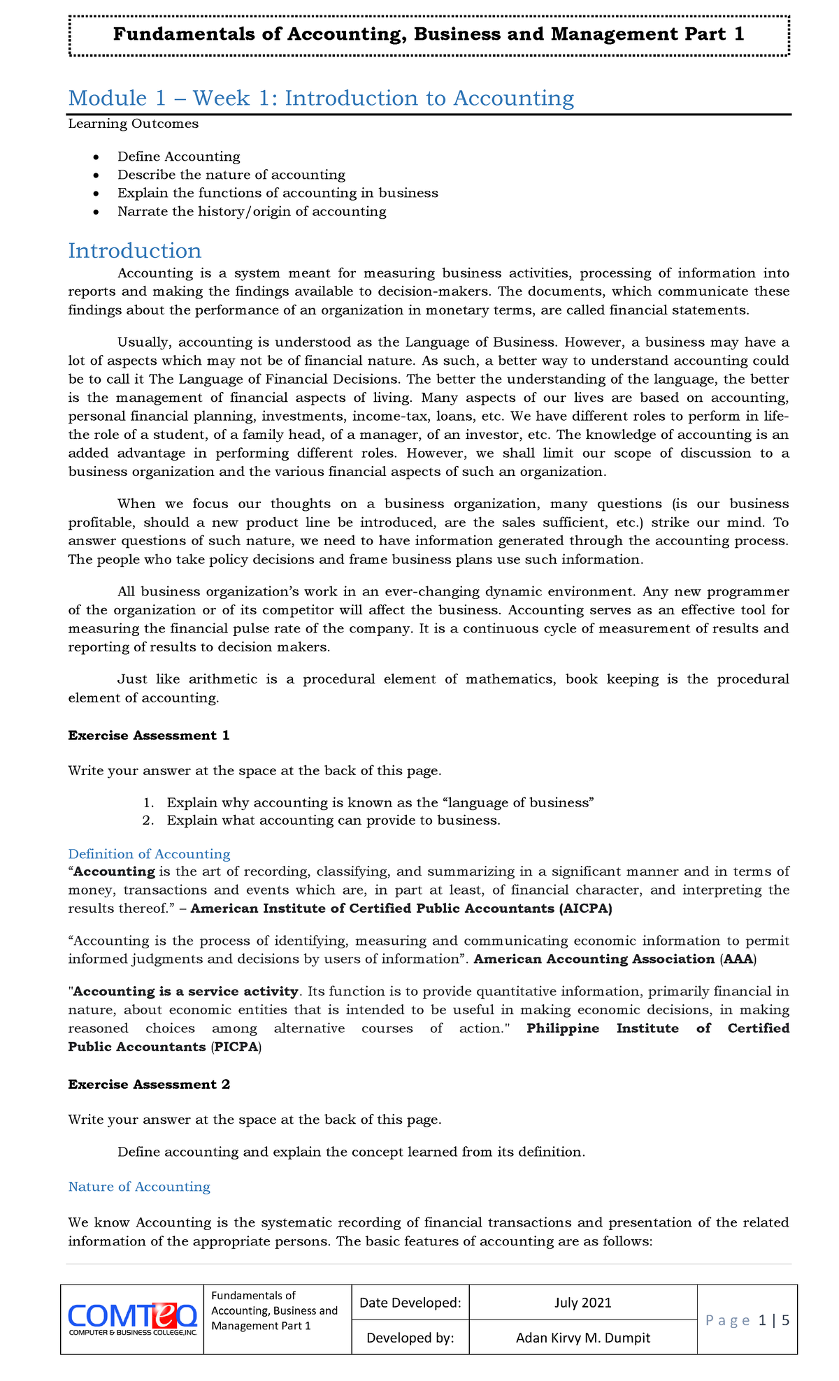 Week 1 Fundamentals of ABM - Fundamentals of Accounting, Business and ...