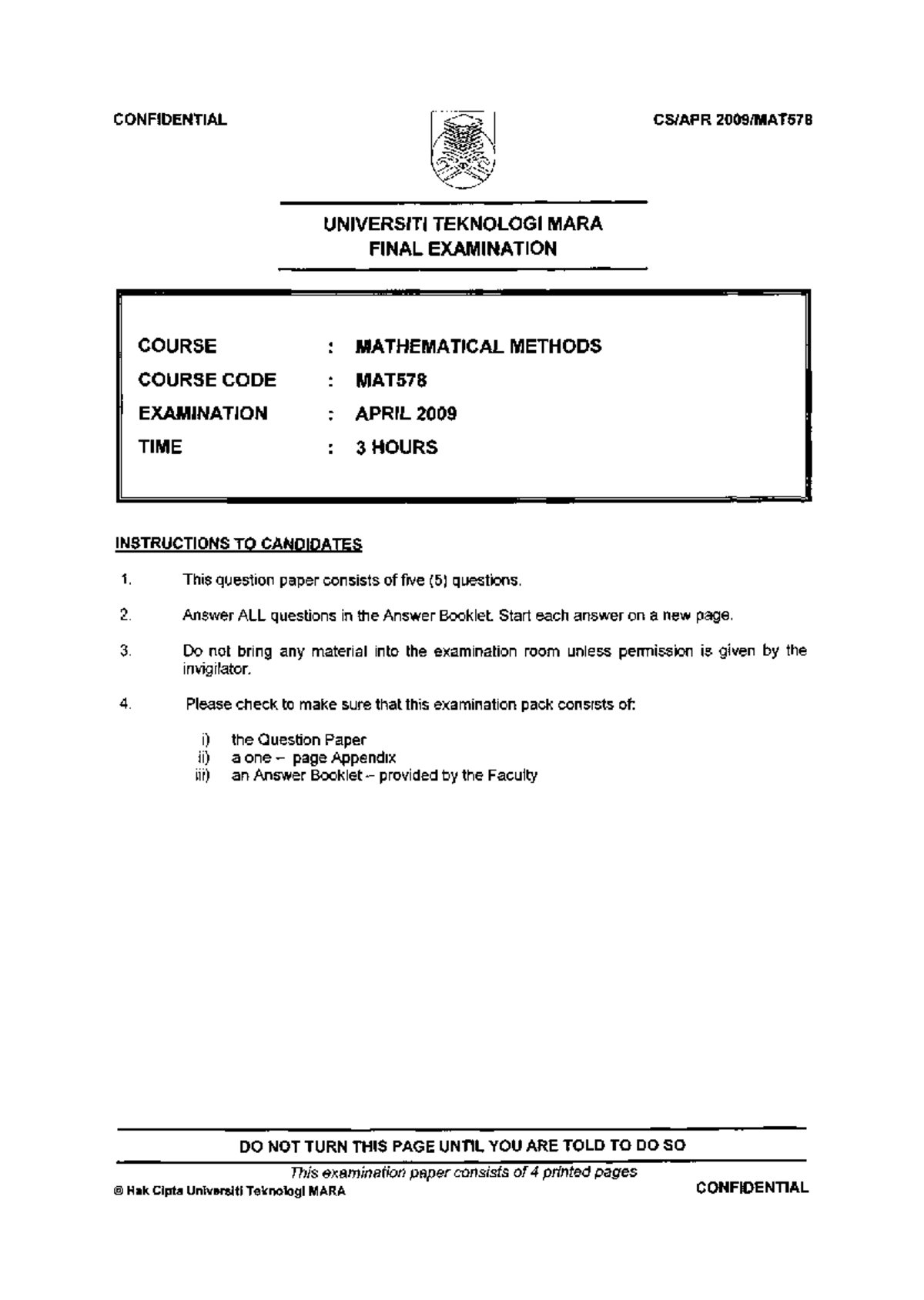 past year mat578 2009 - UNIVERSITI TEKNOLOGI MARA FINAL EXAMINATION COURSE COURSE CODE ...