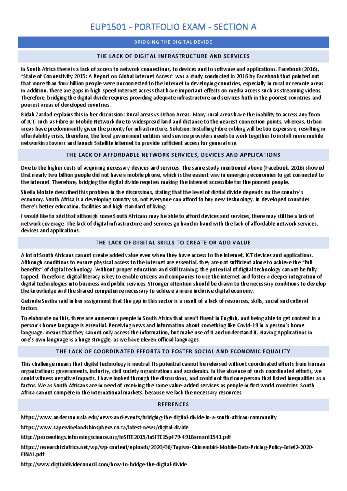 EUP1501 Portfolio Exam - EUP1501 - PORTFOLIO EXAM - SECTION A BRIDGING ...