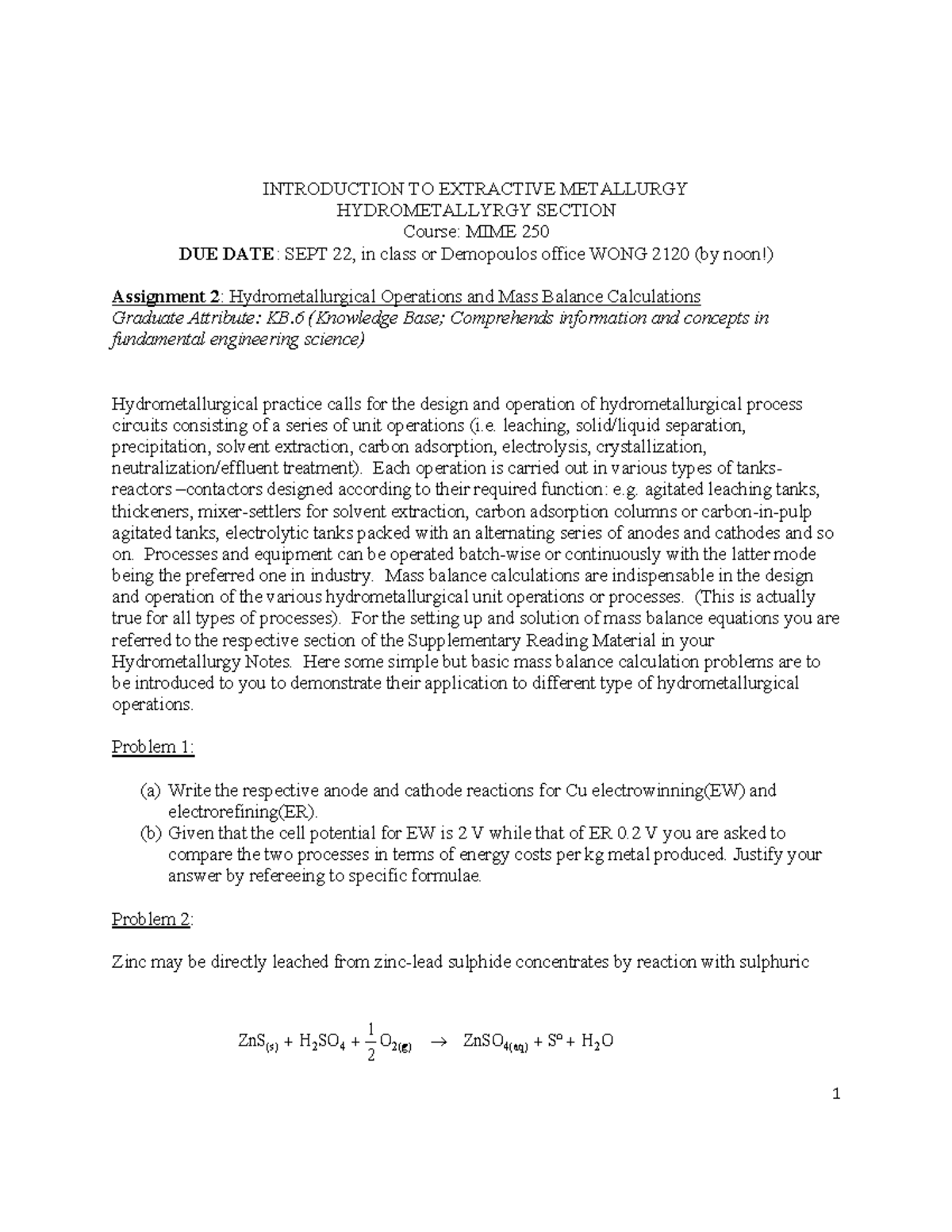 Hydro - Assignment 2 - 1 INTRODUCTION TO EXTRACTIVE METALLURGY HYDROMETALLYRGY SECTION Course ...