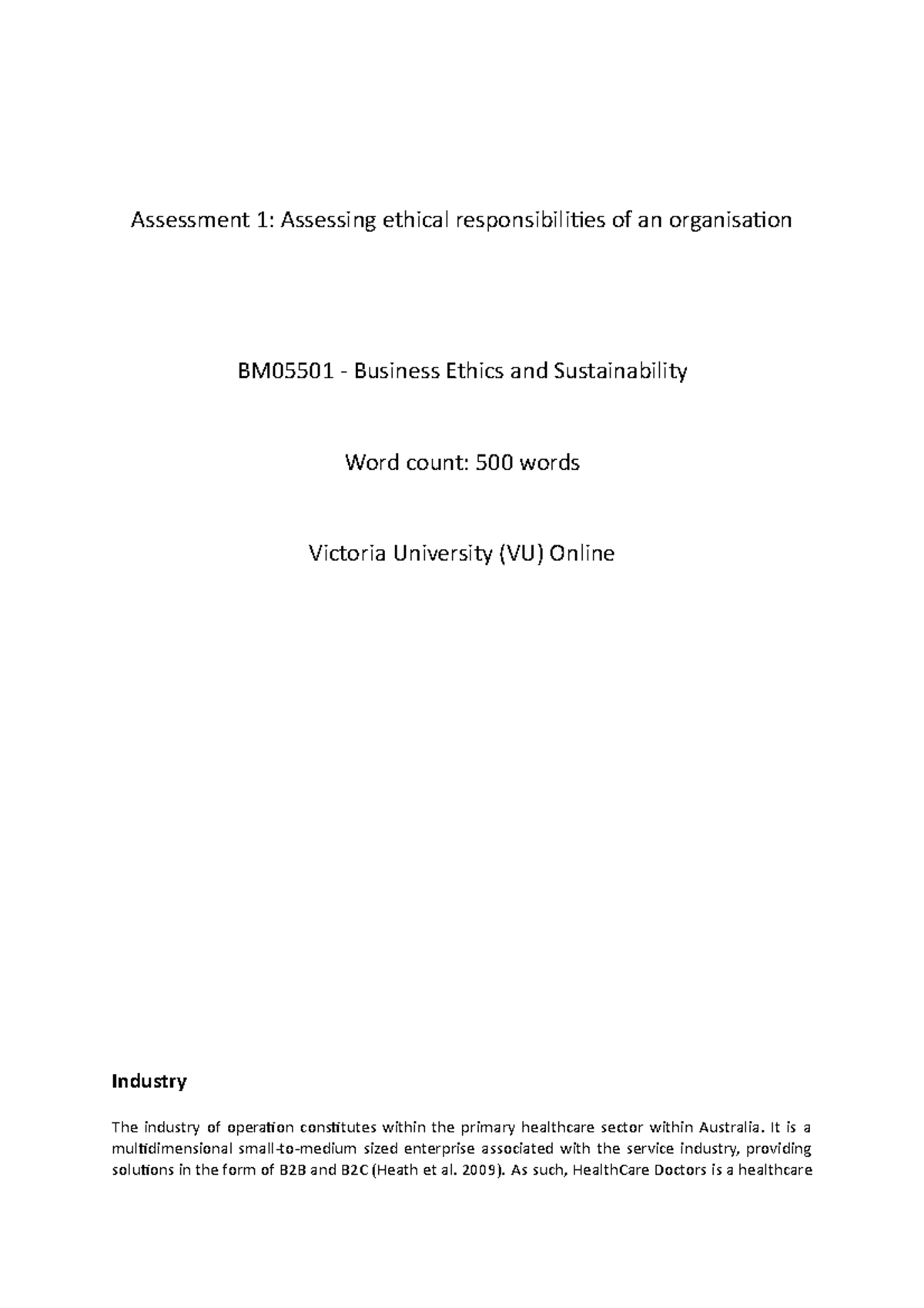 BHO5501 Ass1 - Assignment - Assessment 1: Assessing ethical ...