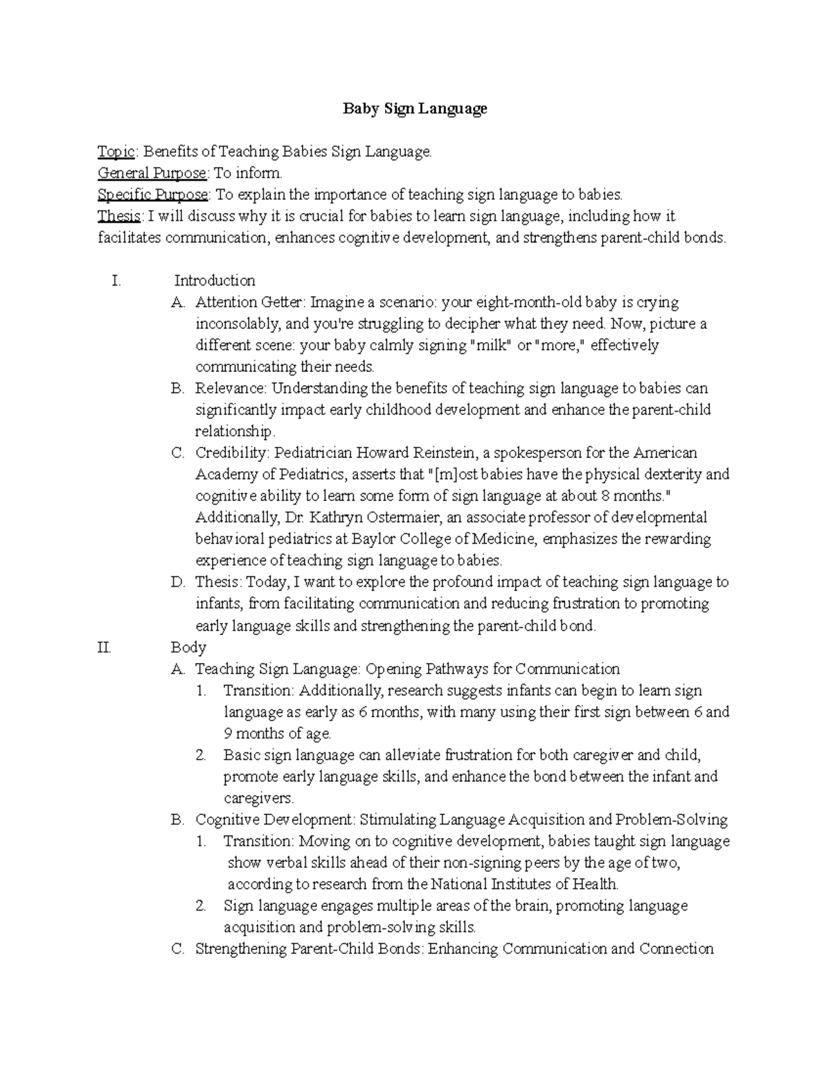 Baby Sign Language Formal Outline - Example for Formal Outline - Baby ...