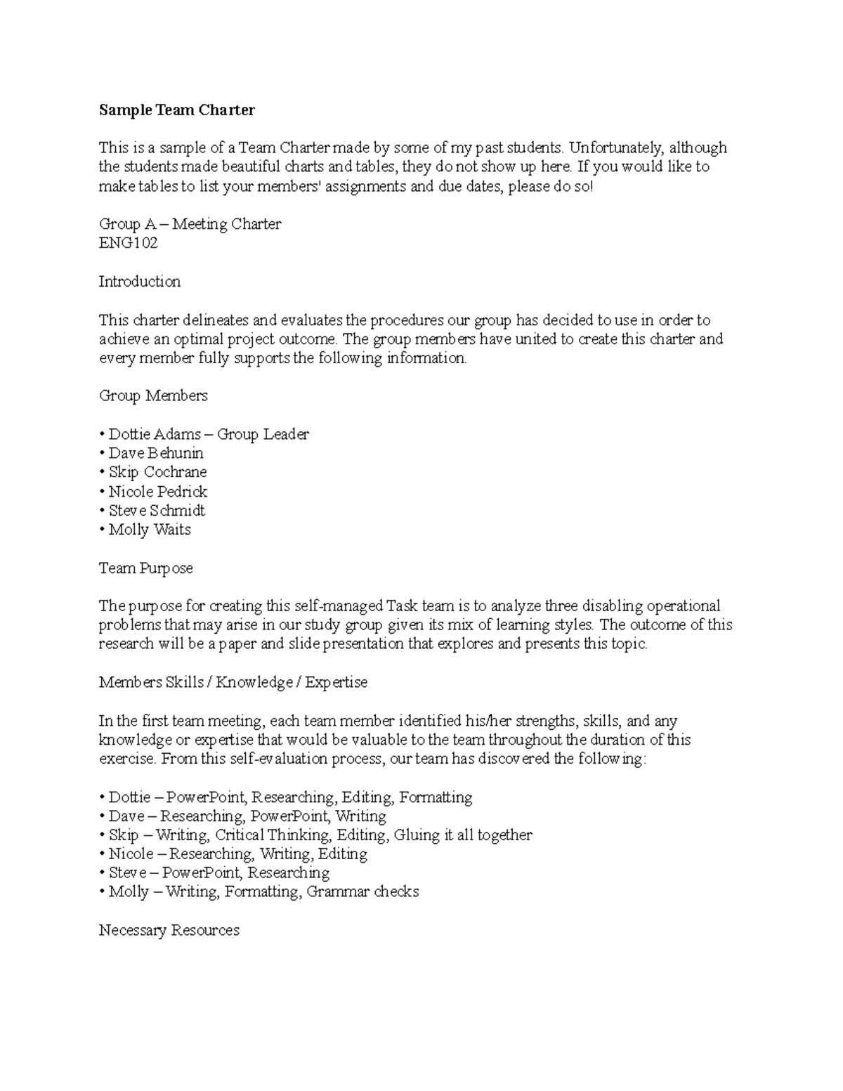 Team Charter for Research Paper - Sample Team Charter This is a sample ...