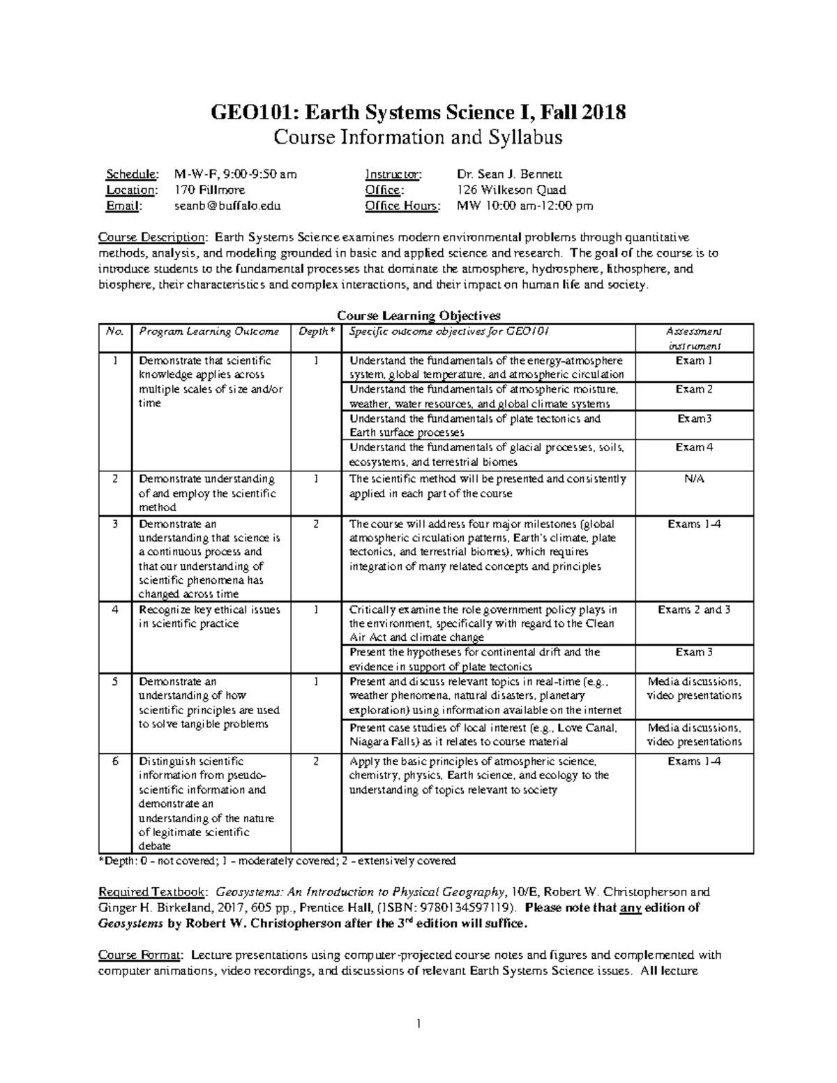 101-syllabus-f18 - Syllabus - 1 GEO 101 : Earth Systems Science I, Fall ...