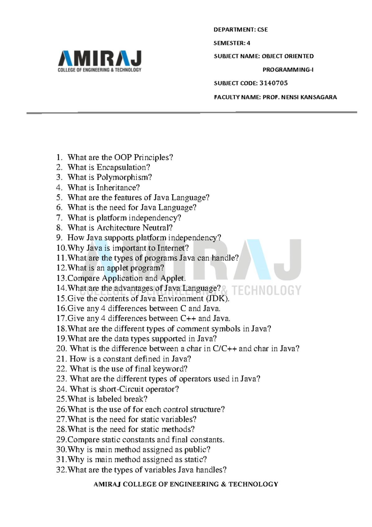 3140705 OOP1 QB (Amiraj) -Vision Papers - DEPARTMENT: CSE SEMESTER: 4 SUBJECT NAME: OBJECT ...