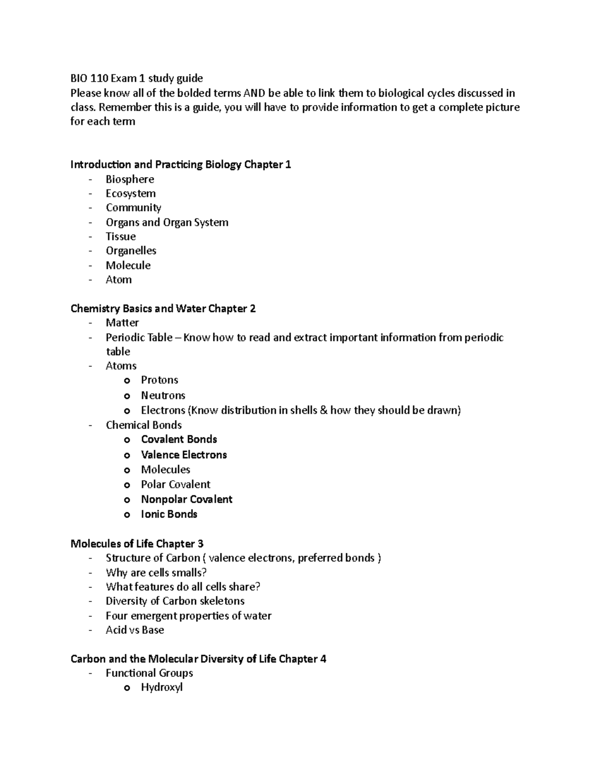 Review Sheet - BIO 110 Exam 1 study guide Please know all of the bolded ...