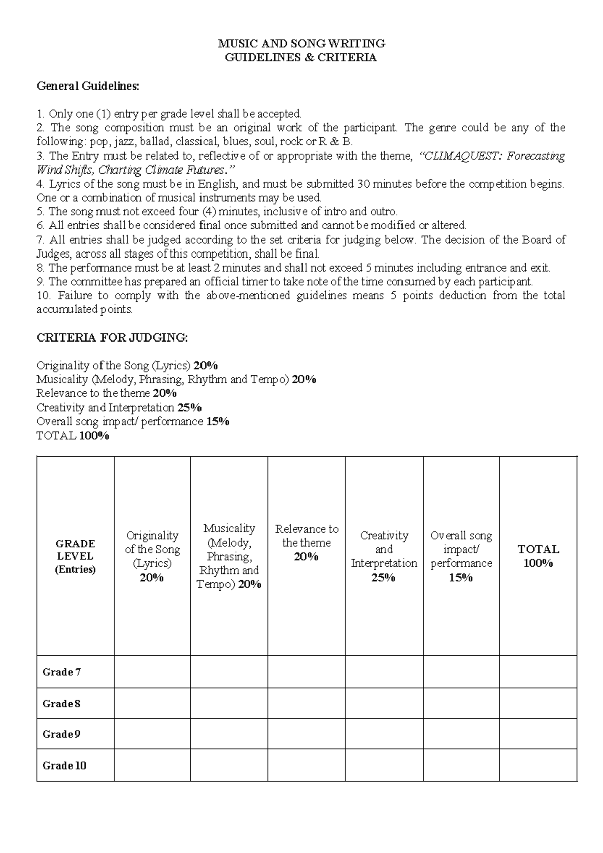Music AND SONG Writing Criteria AND Guidelines - MUSIC AND SONG WRITING ...