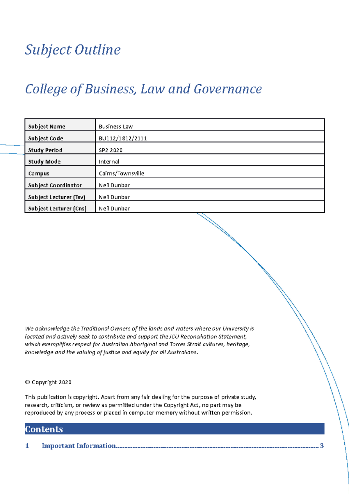 BU 1112 - Subject Outline - INT - SP2 2020 - Subject Outline College of ...