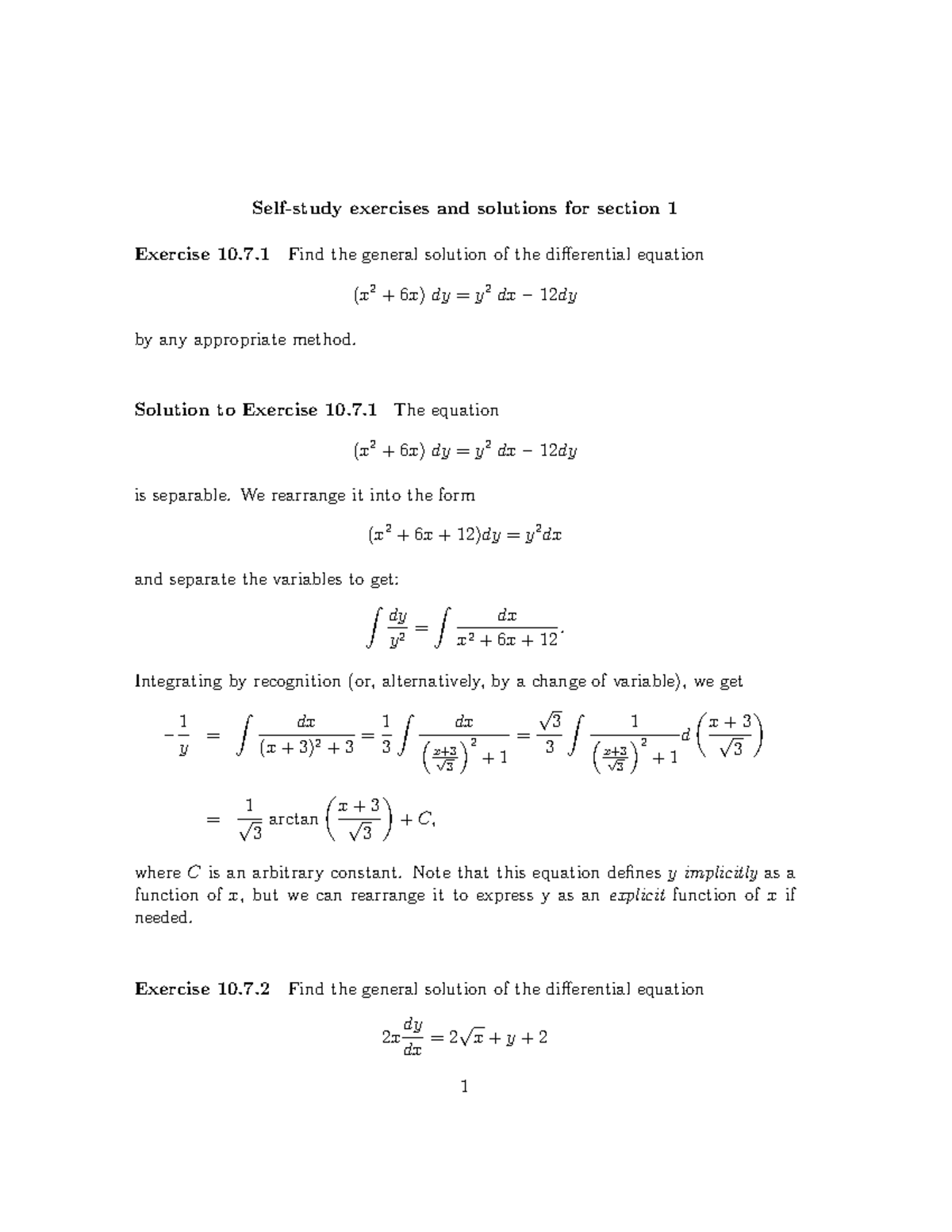 MA108 exercise 10 - Self-study exercises and solutions for section 1 ...