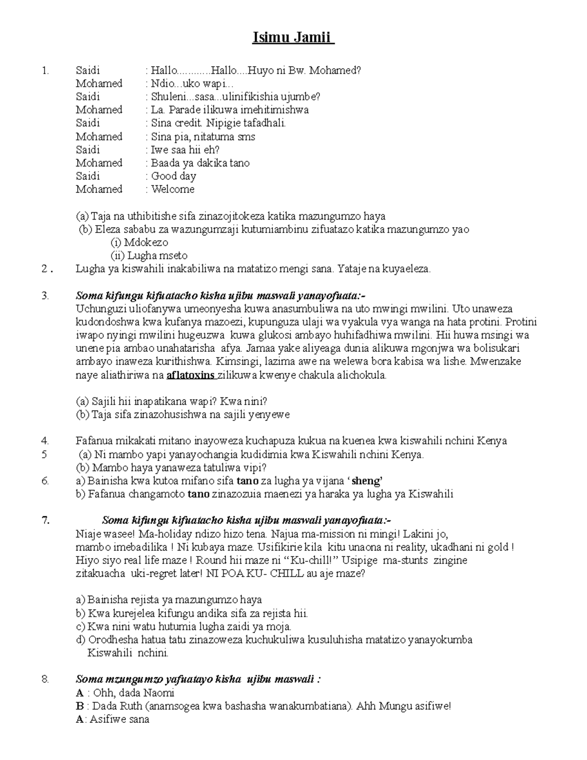 Isimu Jamii Q 1 - Isimu Jamii Saidi : Hallo............Hallo... ni Bw ...